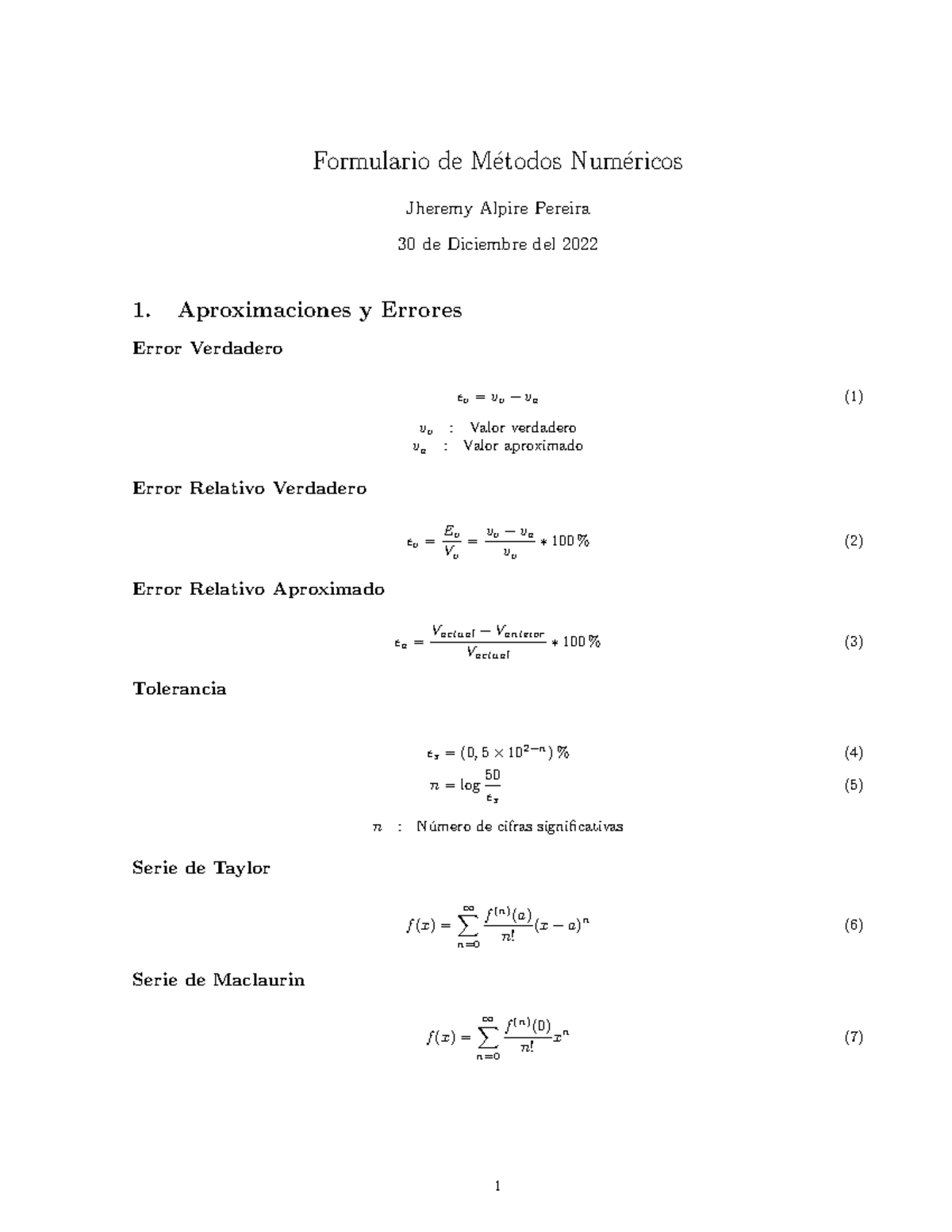 Formulario de Métodos Numéricos - Formulario de M ́etodos Num ́ericos Jheremy Alpire Pereira 30 ...