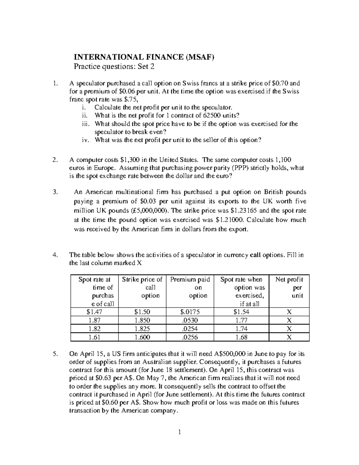 INT FIN Practice Questions - 1 INTERNATIONAL FINANCE (MSAF) Practice ...