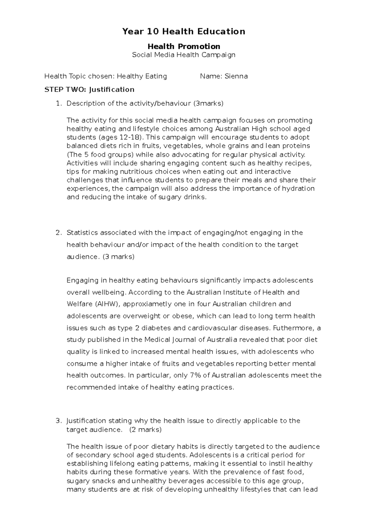 Healthy eating campaign - Year 10 Health Education Health Promotion ...