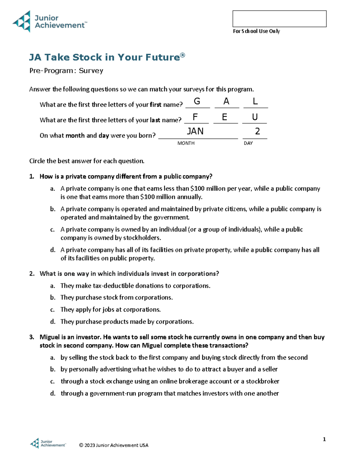 JA+Stock+Market+Pre+Program+Survey - For School Use Only 1 JA Take ...