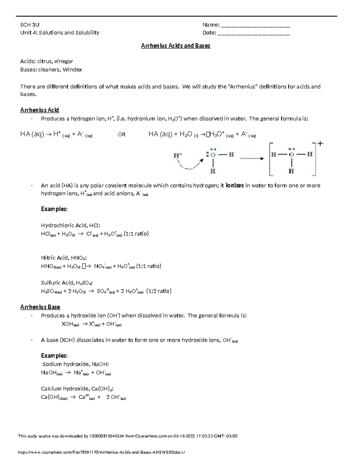 Arrhenius Acids and Bases Answers - Unit 4: Solutions and Solubility ...