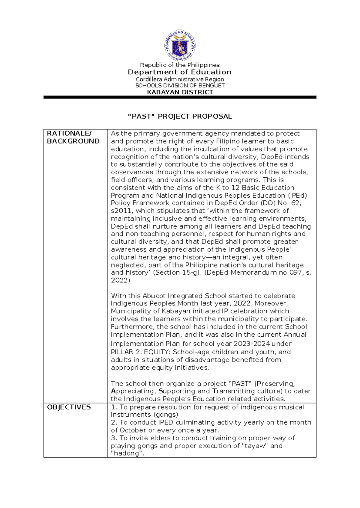 Project Proposal IP - “PAST” PROJECT PROPOSAL RATIONALE/ BACKGROUND As the primary government ...