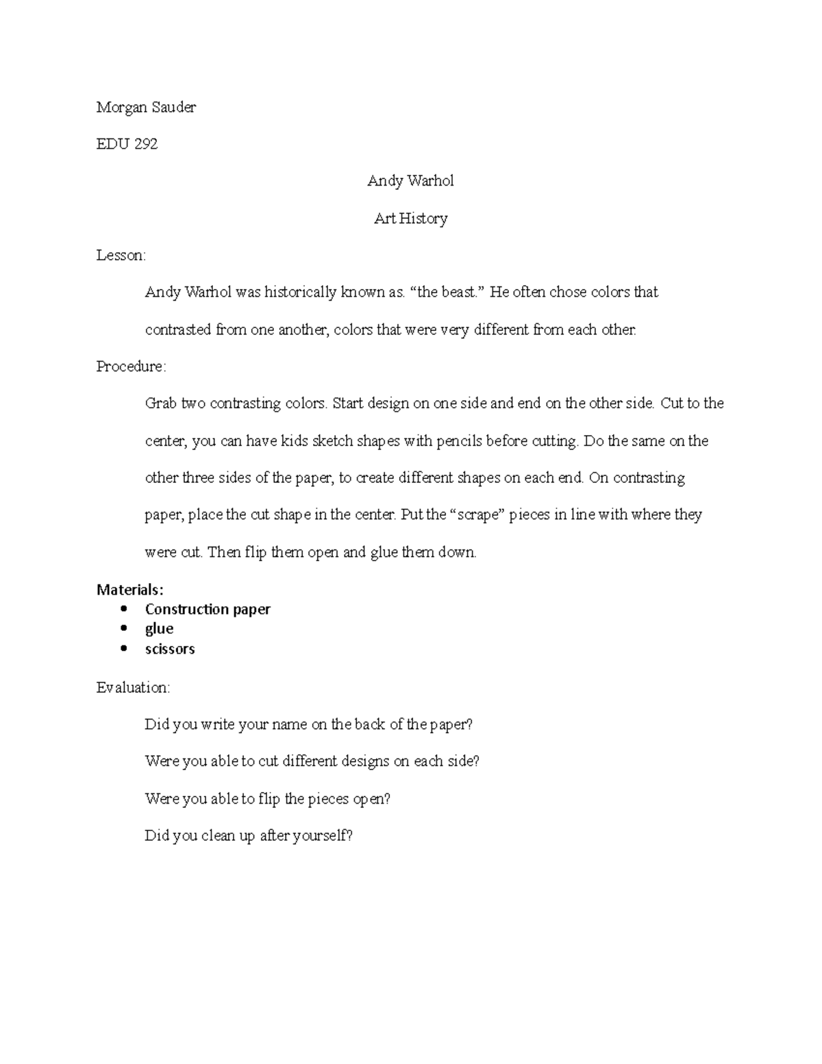 Andy warhol - Lesson plan - Morgan Sauder EDU 292 Andy Warhol Art ...