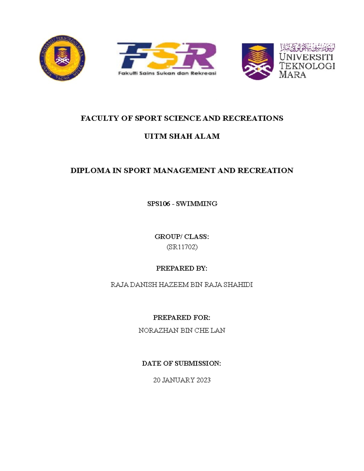 Assignment Swimming - goodluck - FACULTY OF SPORT SCIENCE AND ...