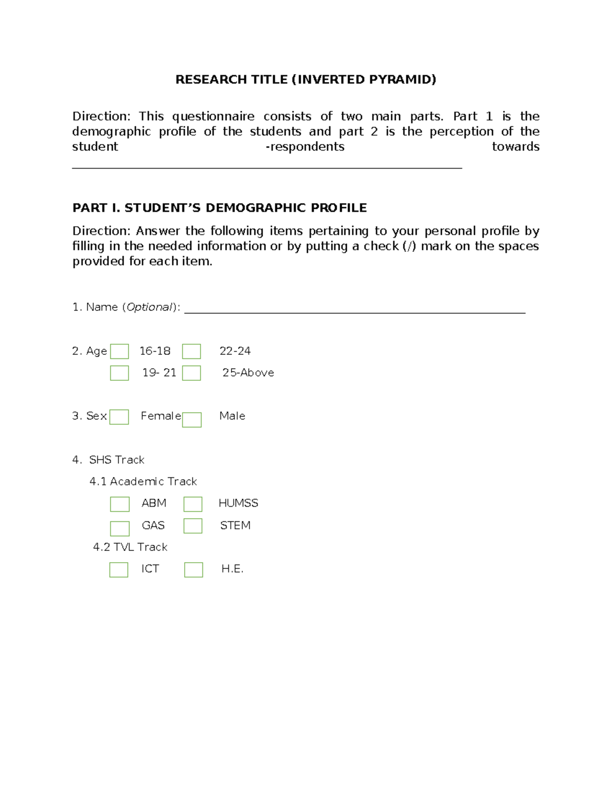 Sample Survey Questionnaire - RESEARCH TITLE (INVERTED PYRAMID ...