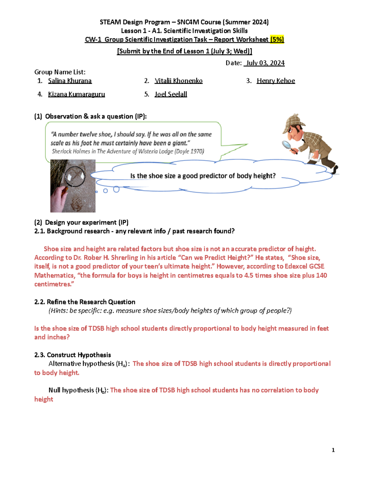 Group Science Investigation Report WS - STEAM Design Program – SNC4M ...