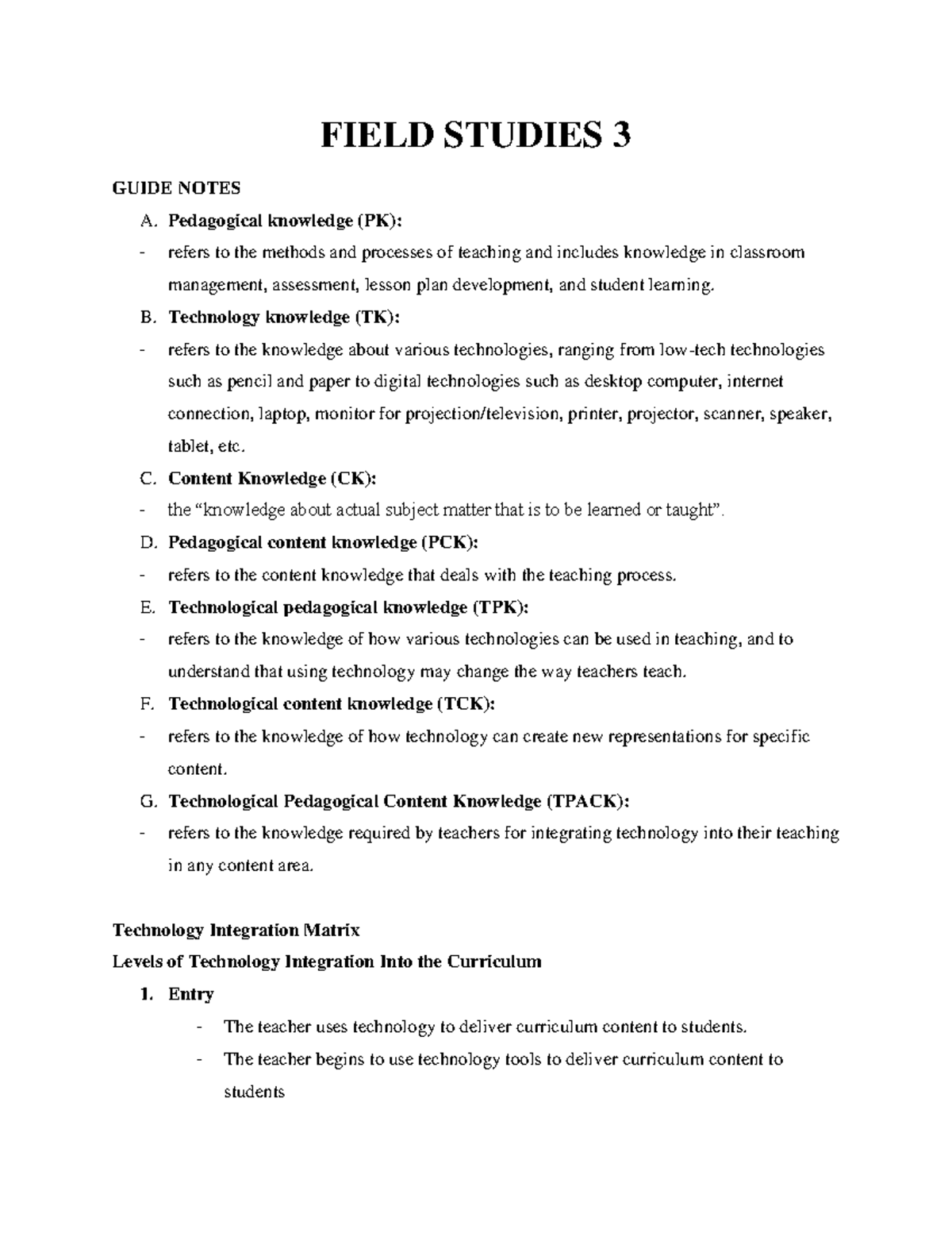 FS3-1 - n/a - FIELD STUDIES 3 GUIDE NOTES A. Pedagogical knowledge (PK ...