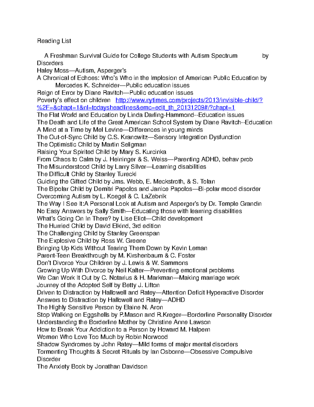 Educ Psyc Reading List - Reading List A Freshman Survival Guide for ...
