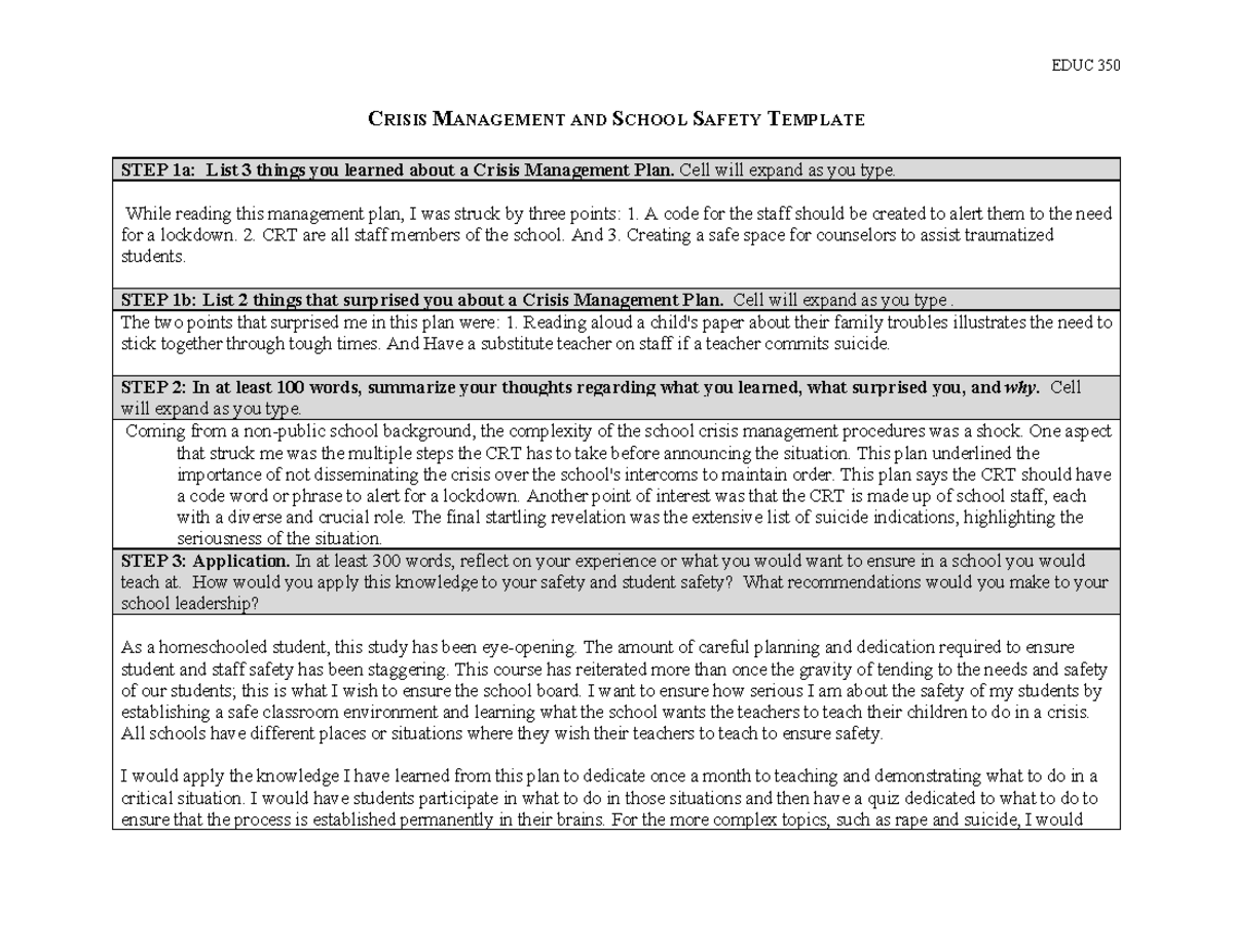 Crisis and Safety Assignment - EDUC 350 CRISIS MANAGEMENT AND SCHOOL ...