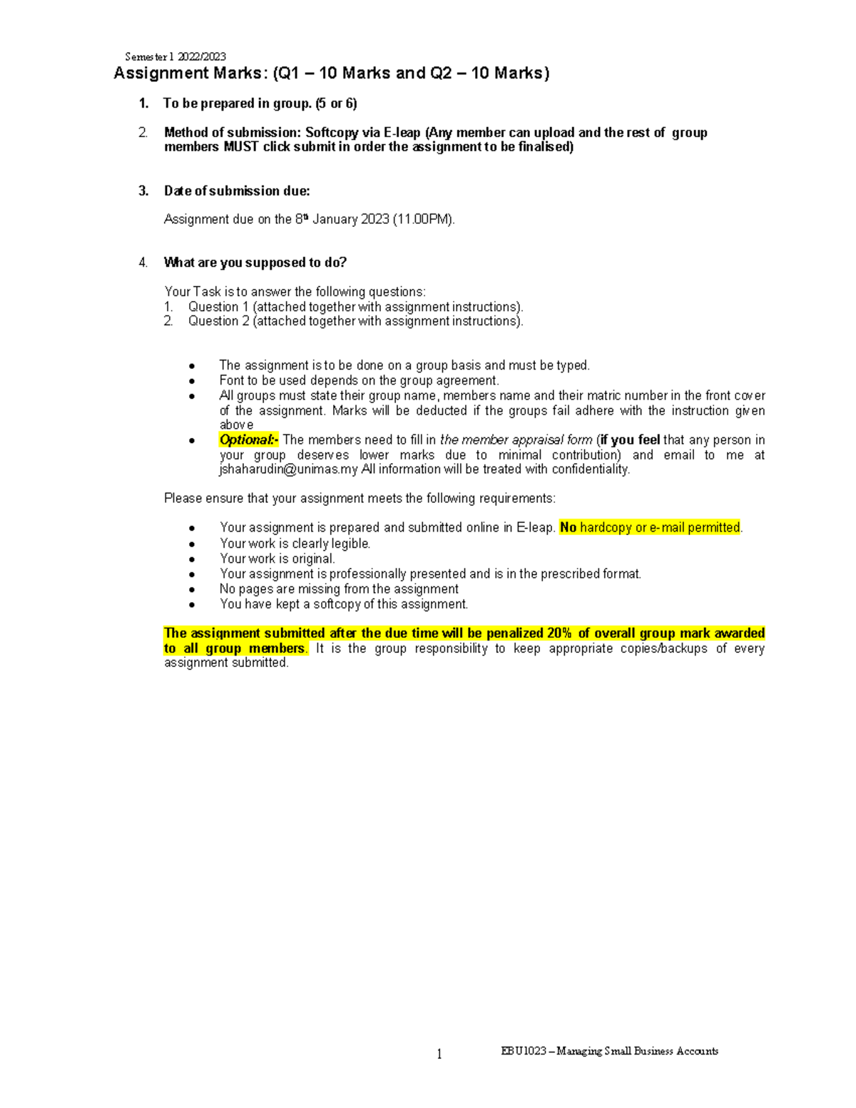 Group Assignment instruction S1 2022 2023 - Assignment Marks: (Q1 – 10 Marks and Q2 – 10 Marks ...