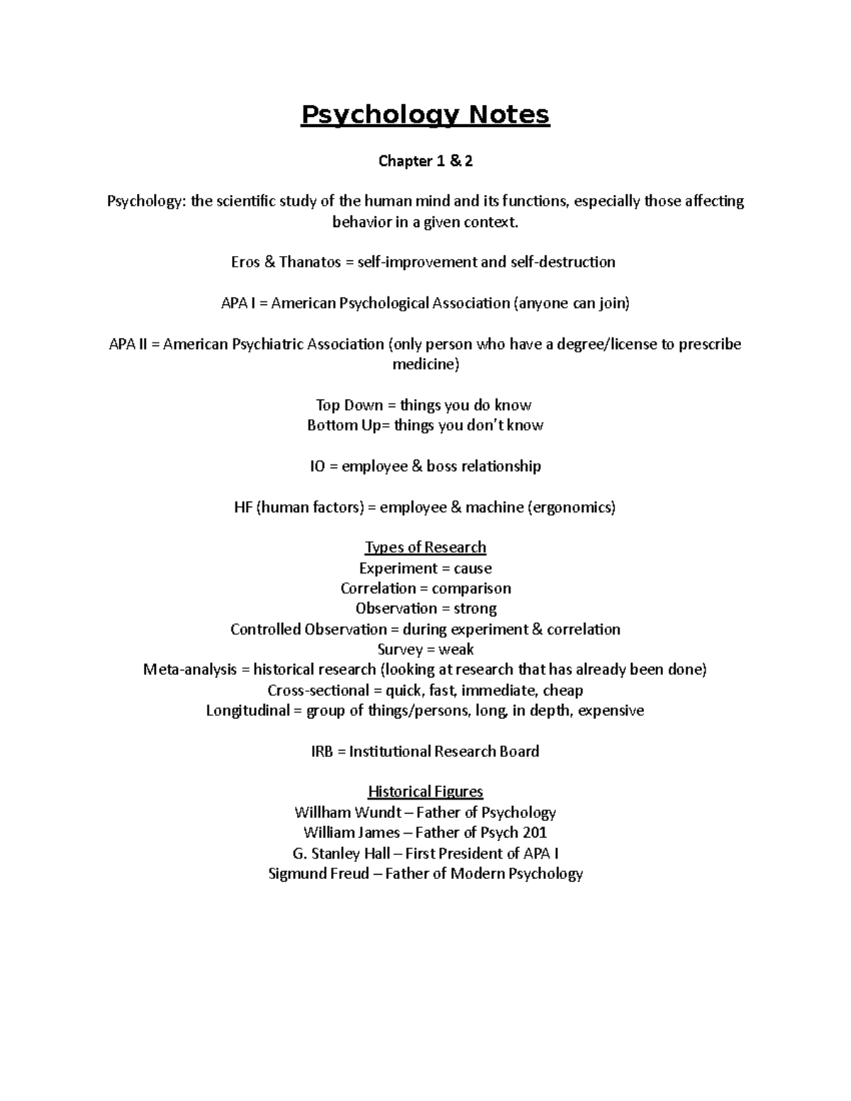 Psychology Notes - Chapters 1, 2, & 3 - Psychology Notes Chapter 1 2 ...