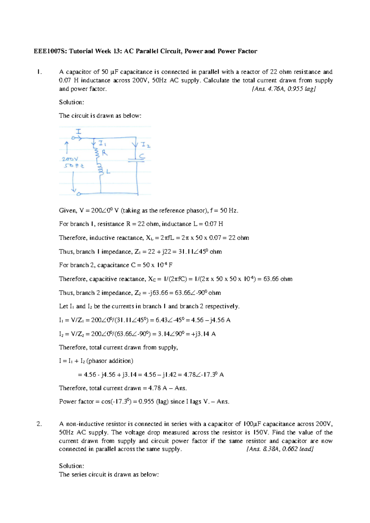 EEE1007S 2021 Tutorial Week 12 Memo AC Parallel Circuit Power - EEE1007S: Tutorial Week 13: AC ...