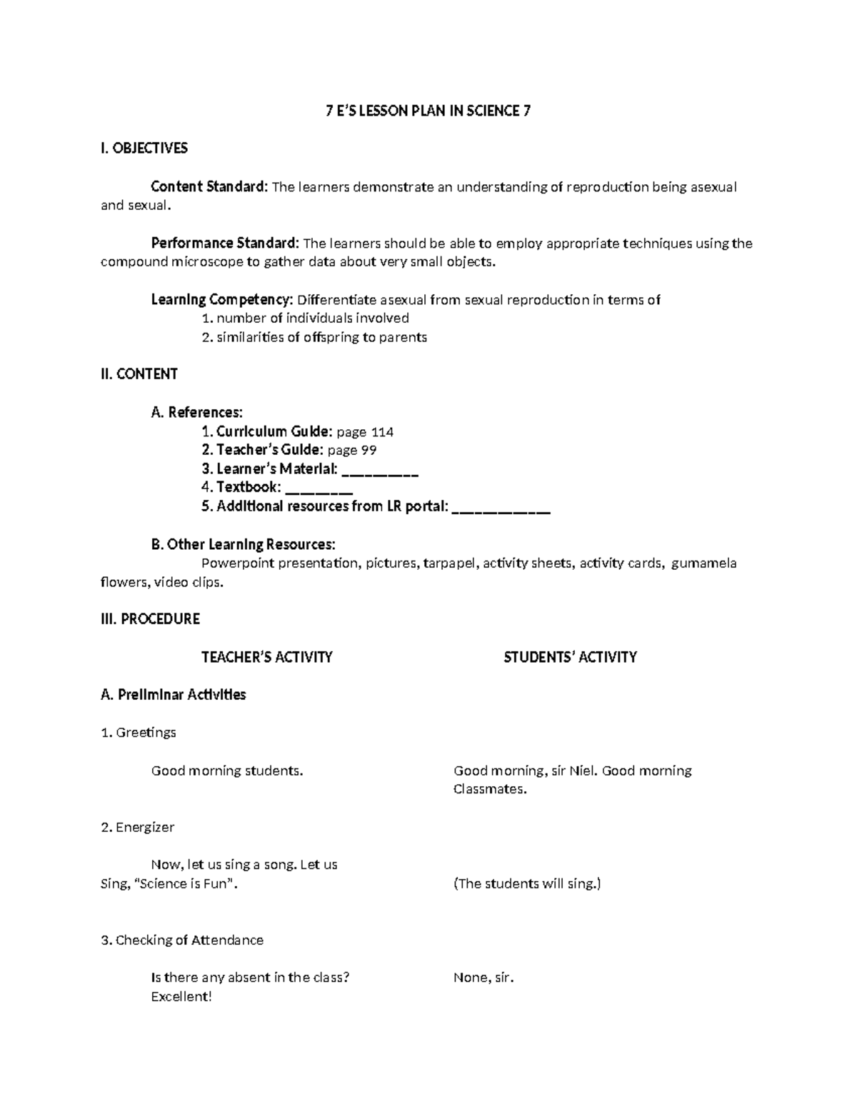 Detailed Lesson Plan in Science 7 - 7 E’S LESSON PLAN IN SCIENCE 7 I ...