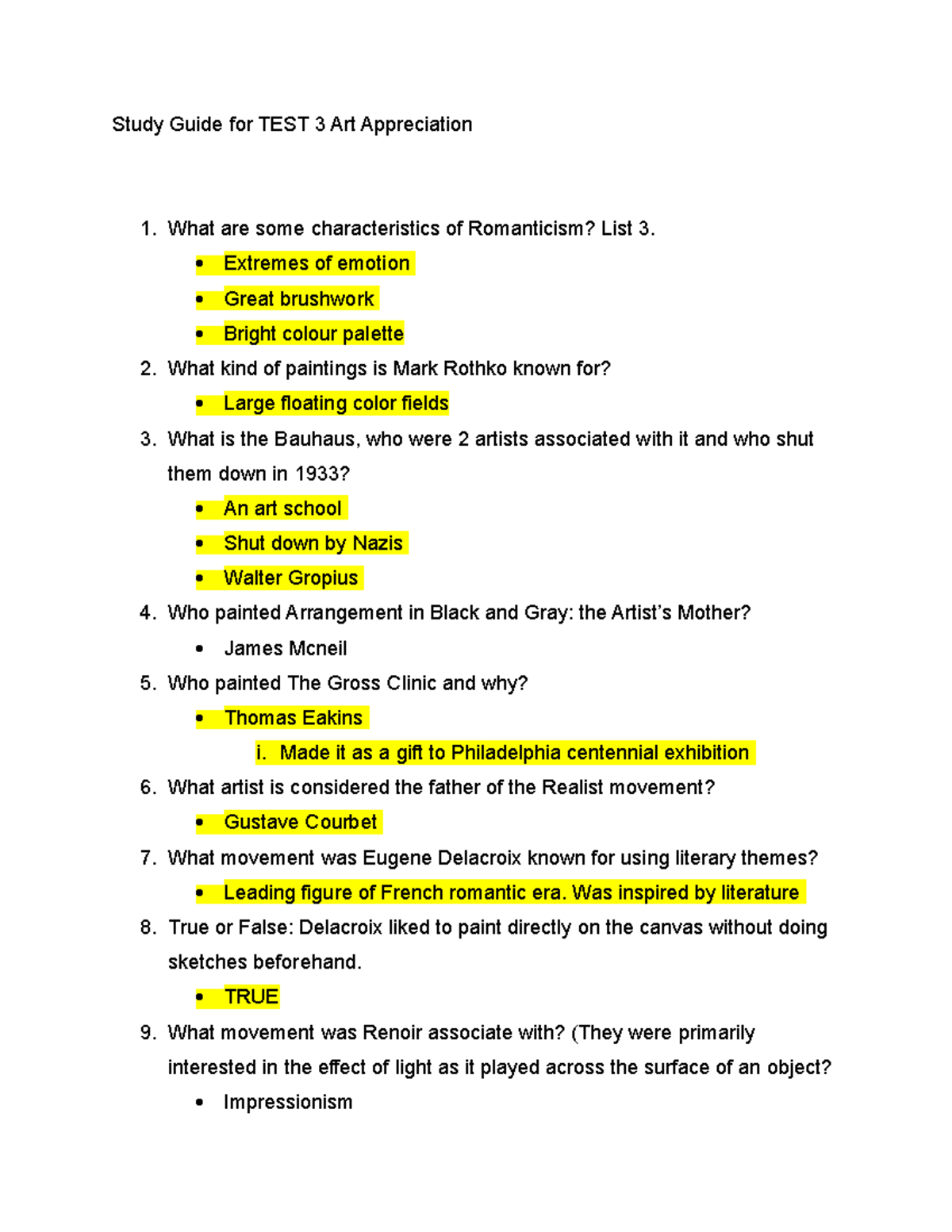 Art Test 3 Study Guide - Information for the year summary - Study Guide ...