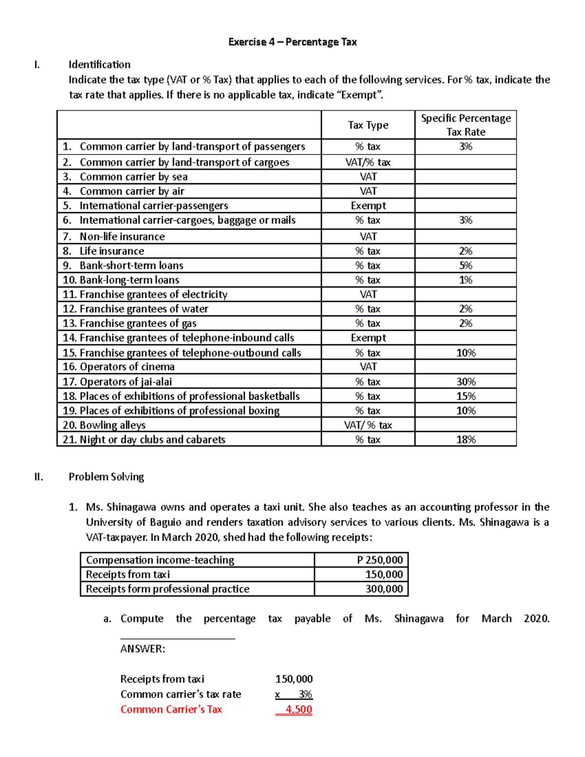 Exercise 4 Percentage TAX Answer Key BUSINESS TXATION - Exercise 4 ...