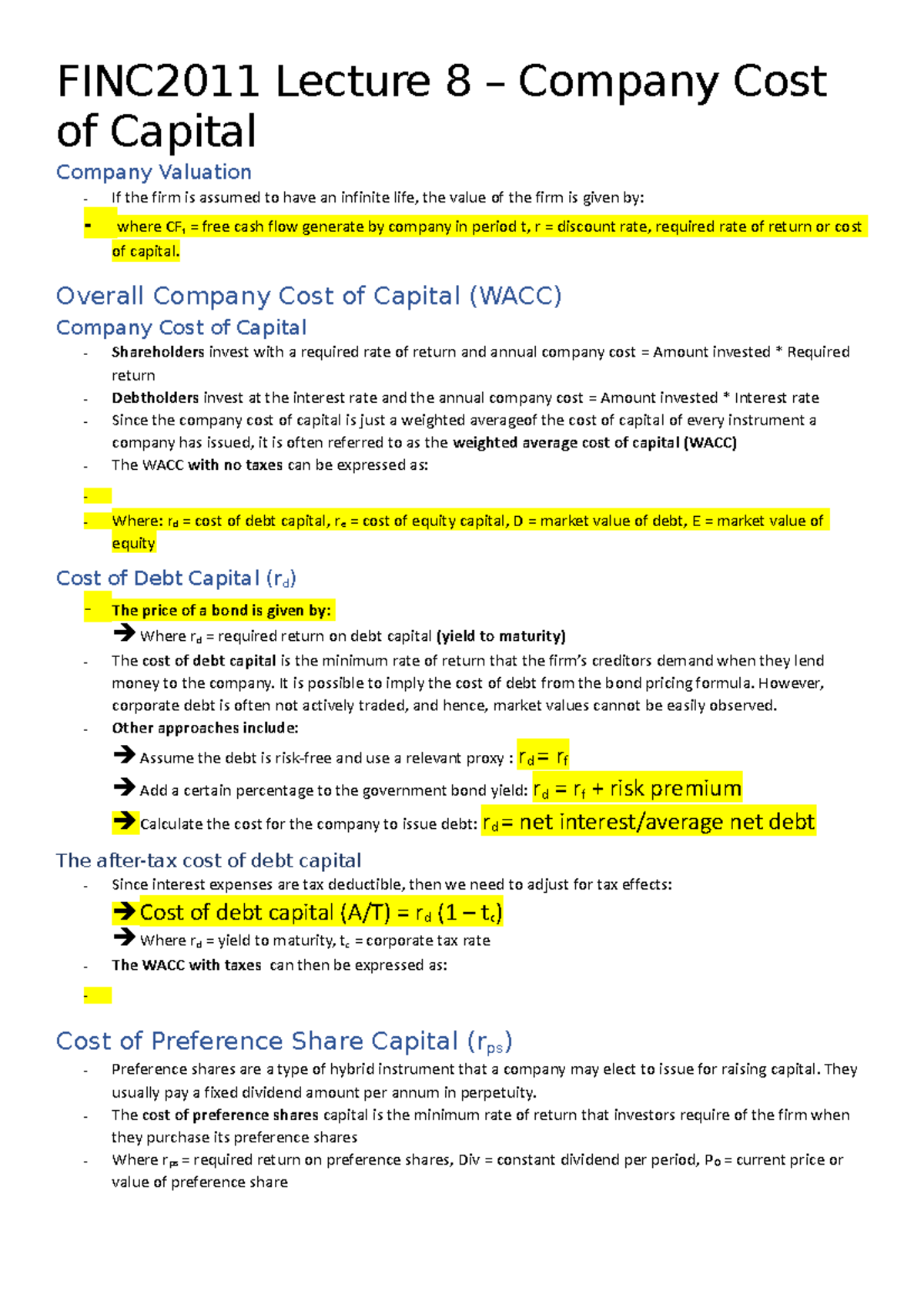 FINC2011 Lecture 8 - Company Cost of Capital - FINC2011 Lecture 8 ...
