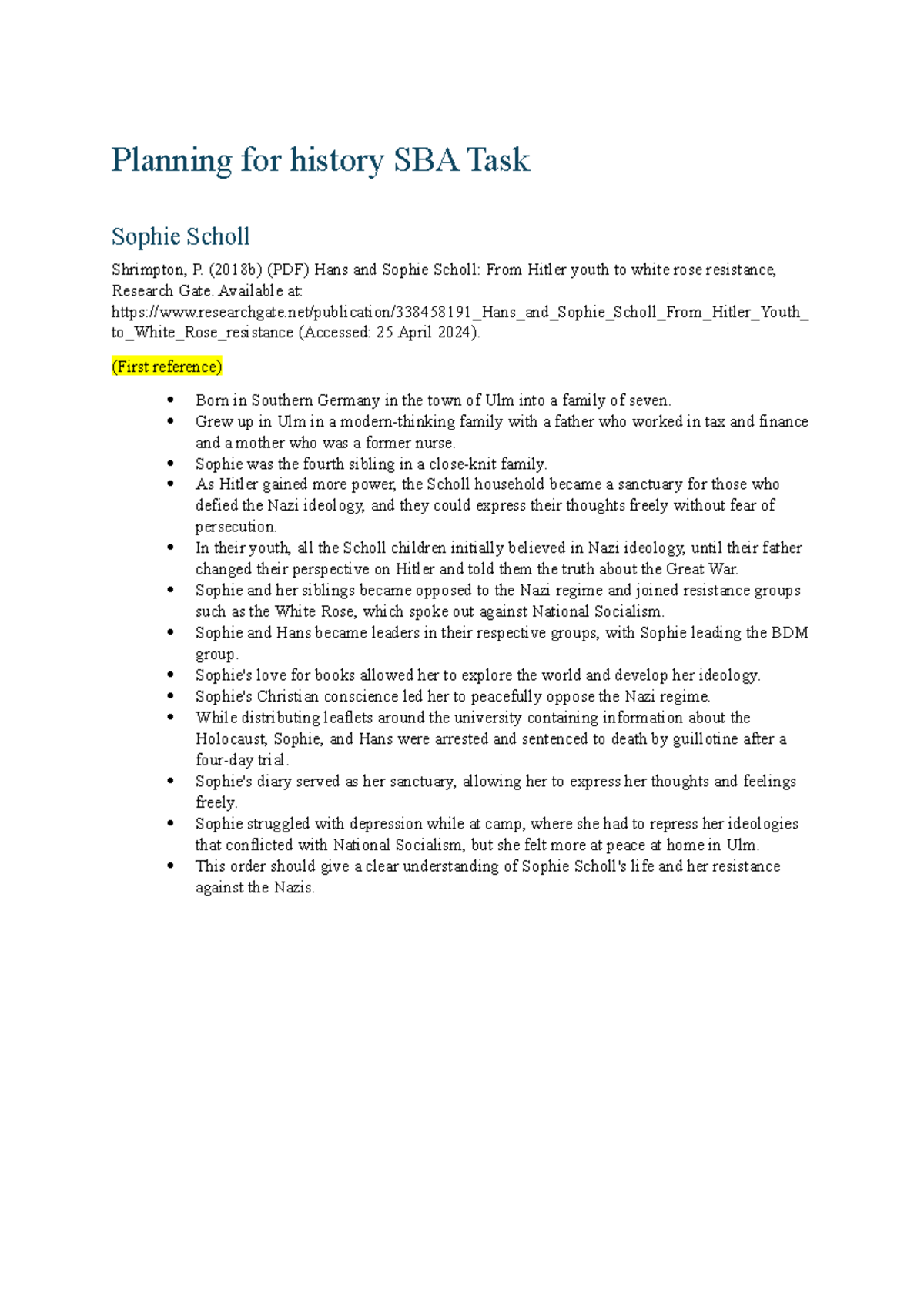 Planning for history SBA Task - Planning for history SBA Task Sophie ...