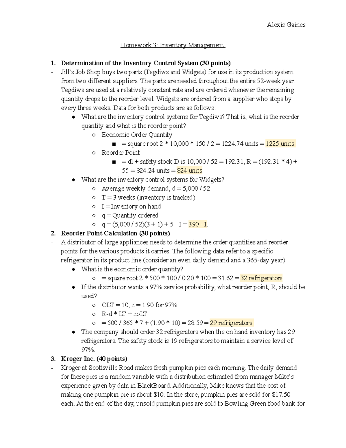 Homework 3-2 - Operations Management (MGT 314) - Alexis Gaines Homework ...