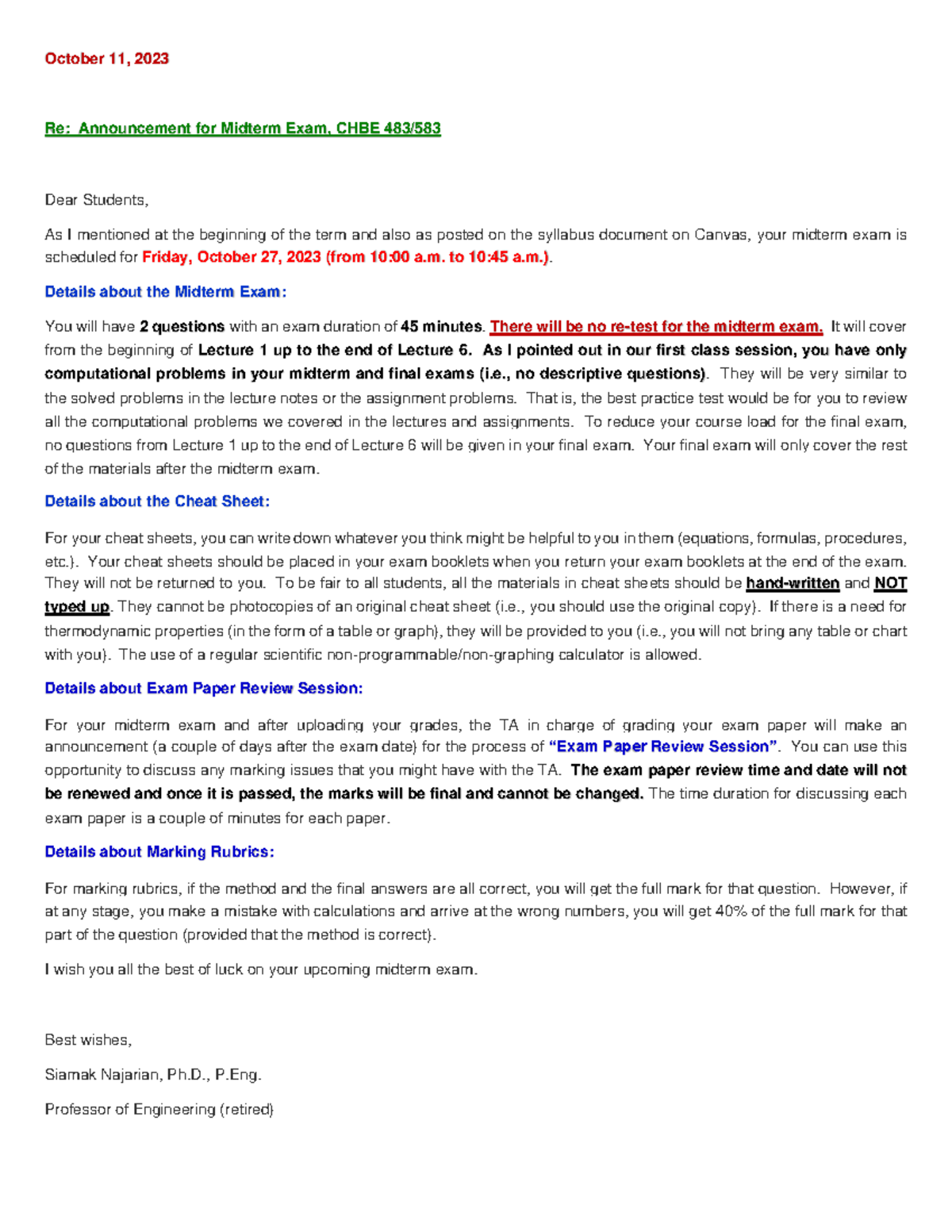 Announcement for Midterm Exam - to 1 0 : 45 a.). Details about the ...