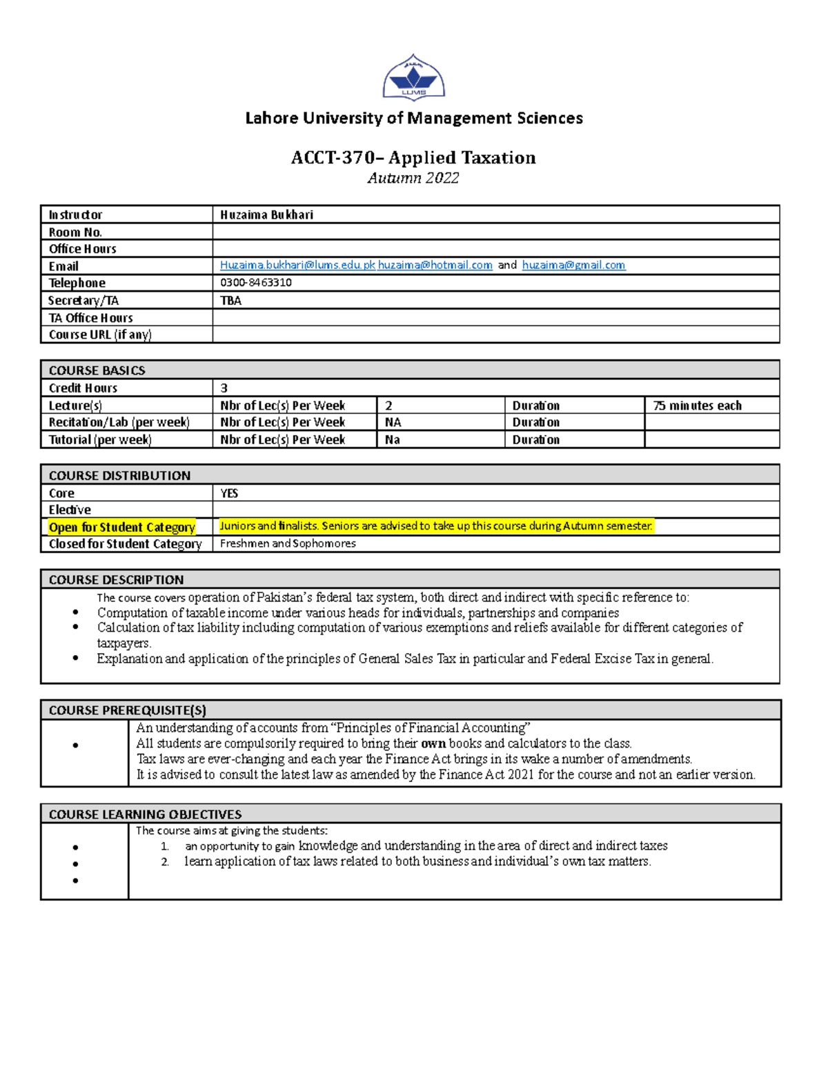 ACCT-370 Autumn- 2022 R - Huzaima Bukhari - ACCT-370– Applied Taxation ...