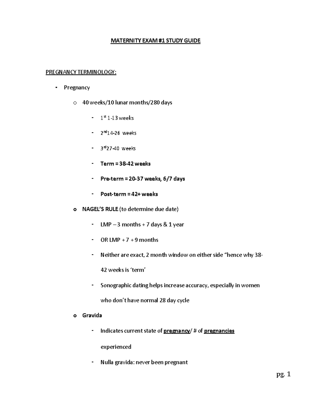 Maternity EXAM #1 Study Guide - MATERNITY EXAM #1 STUDY GUIDE PREGNANCY ...