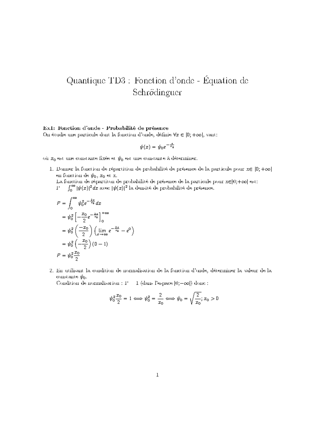 TD3 correction - Quantique TD3 : Fonction d'onde - Équation de Schro ...