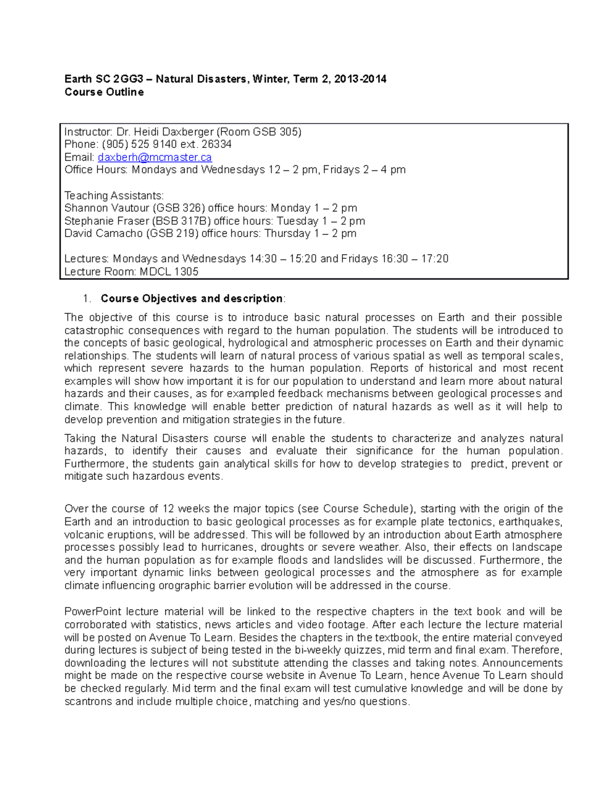 Natural Disasters Course Outline - Earth SC 2GG3 – Natural Disasters ...