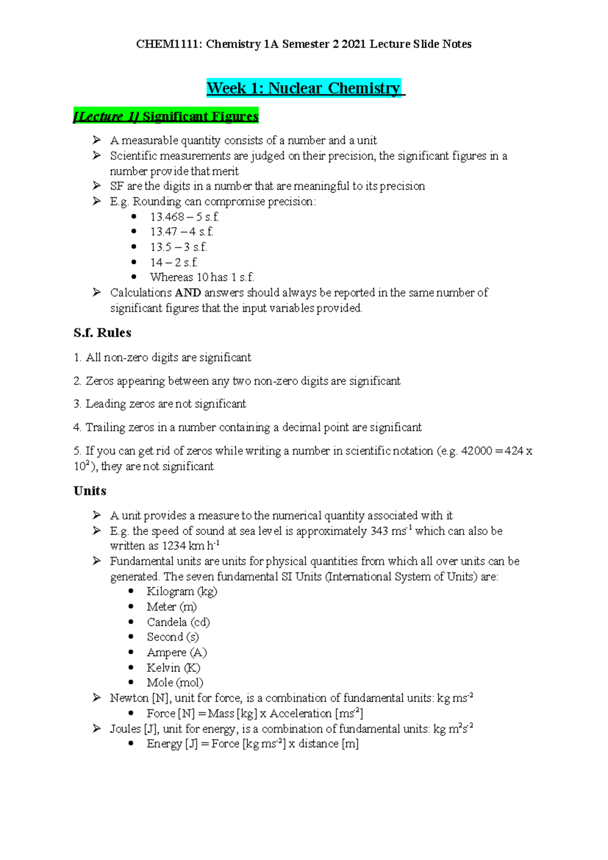 CHEM1111 Lecture Slide Notes (Weeks 1-8) - Week 1: Nuclear Chemistry ...