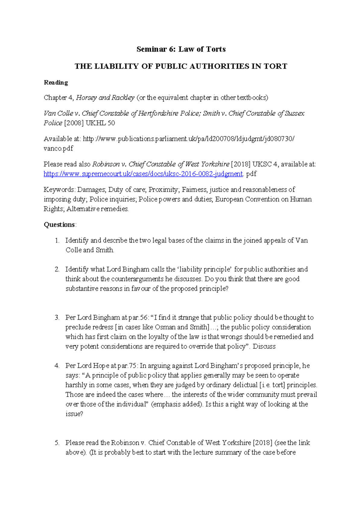 Tort law Seminar 6 - Tort law notes on strict liability - Seminar 6 ...