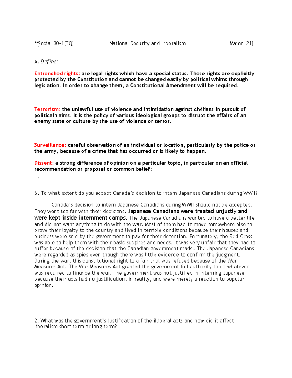 Social 30-1(TQ) National Security and Liberalism Major (21) - Define ...