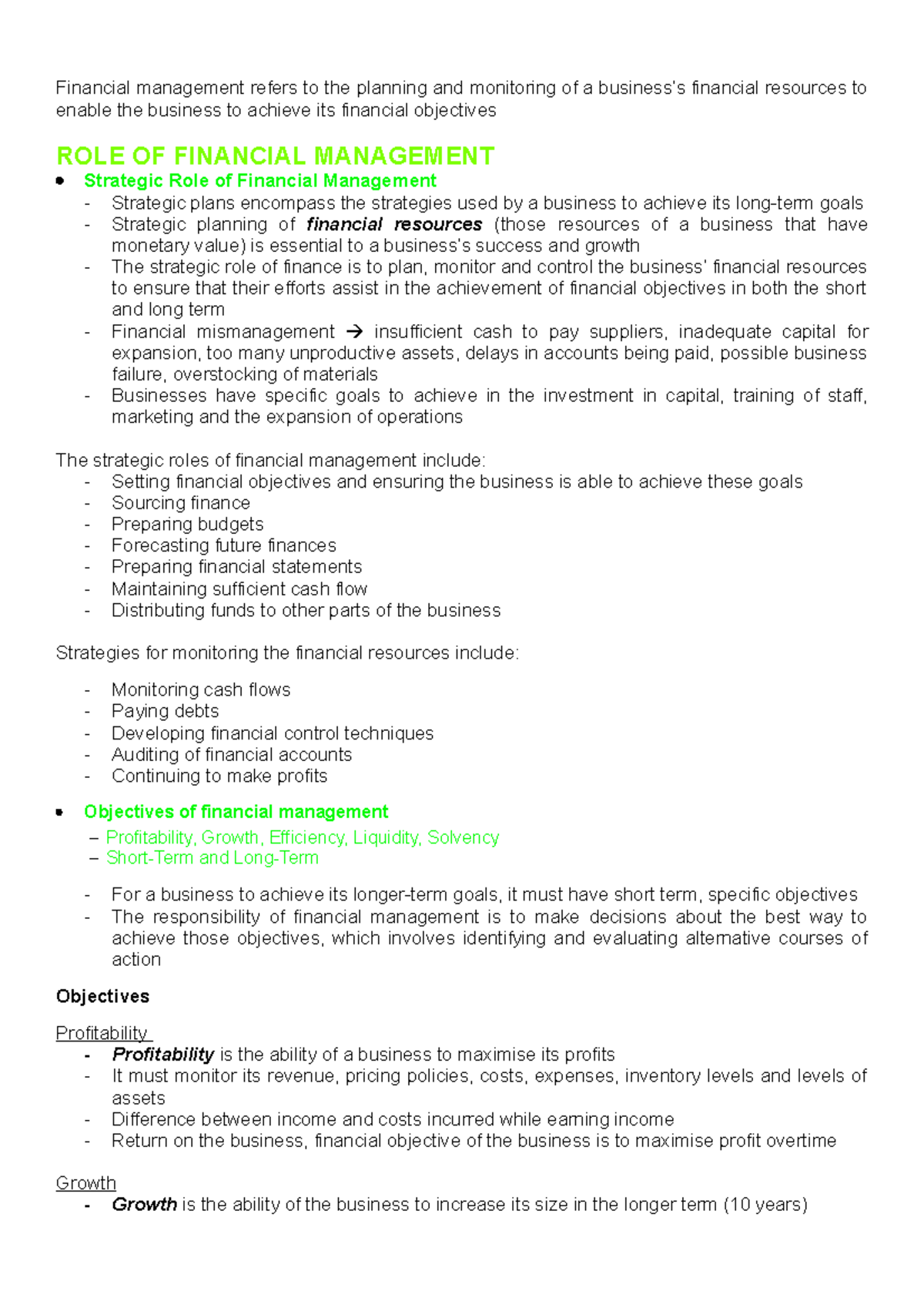 Finance notes business - Financial management refers to the planning ...