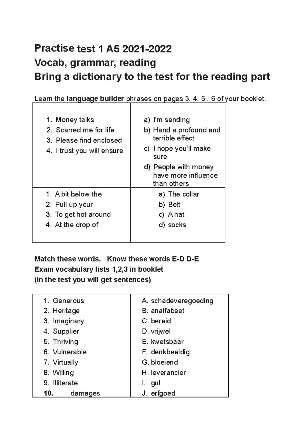 Engels oefentoets p1 jaar 5 - Practise test 1 A5 2021- Vocab, grammar ...