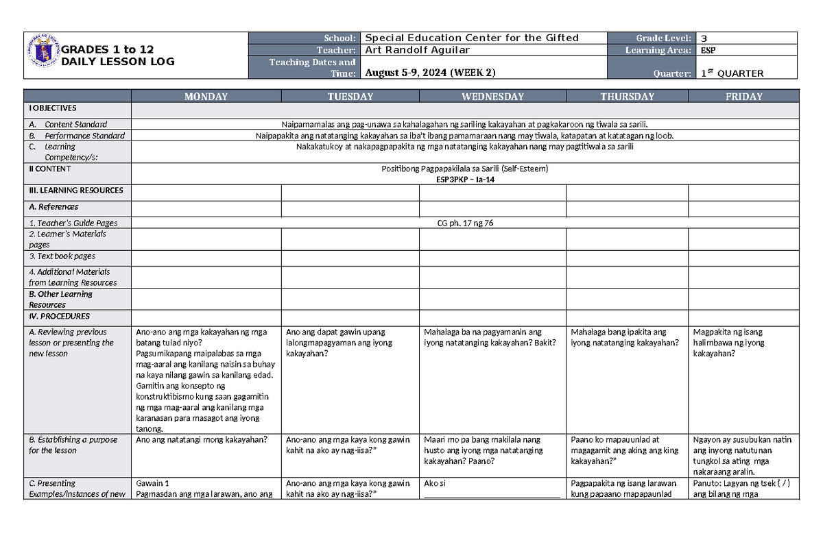 DLL ESP 3 Q1 W1 - ESP 3 DLL - GRADES 1 to 12 DAILY LESSON LOG School: Special Education Center ...