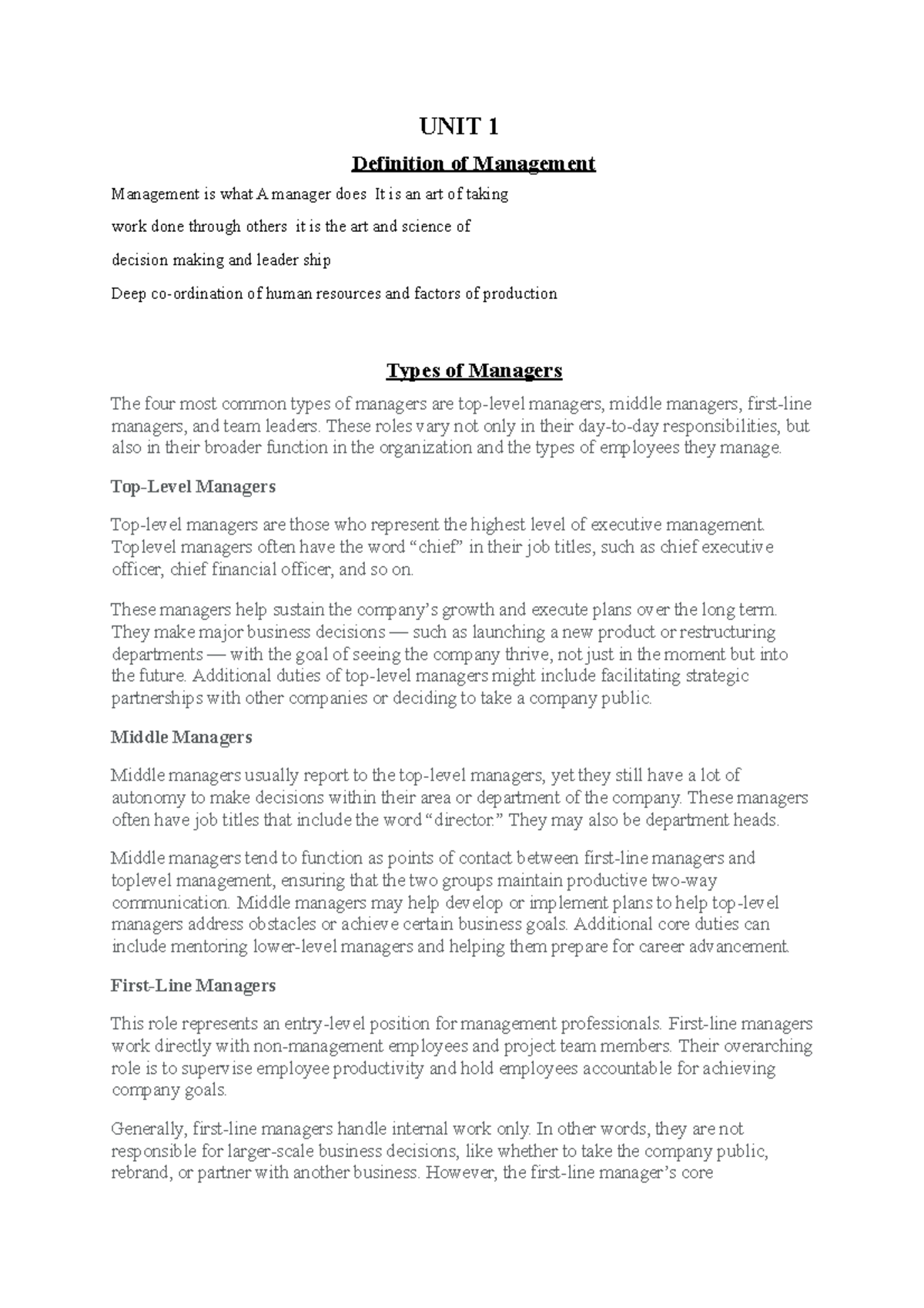 OB Sem - Notes Taken By Me From Class - UNIT 1 Definition of Management ...