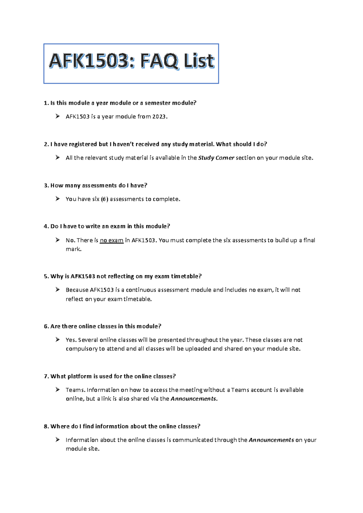 AFK1503 FAQ list - Is this module a year module or a semester module ...