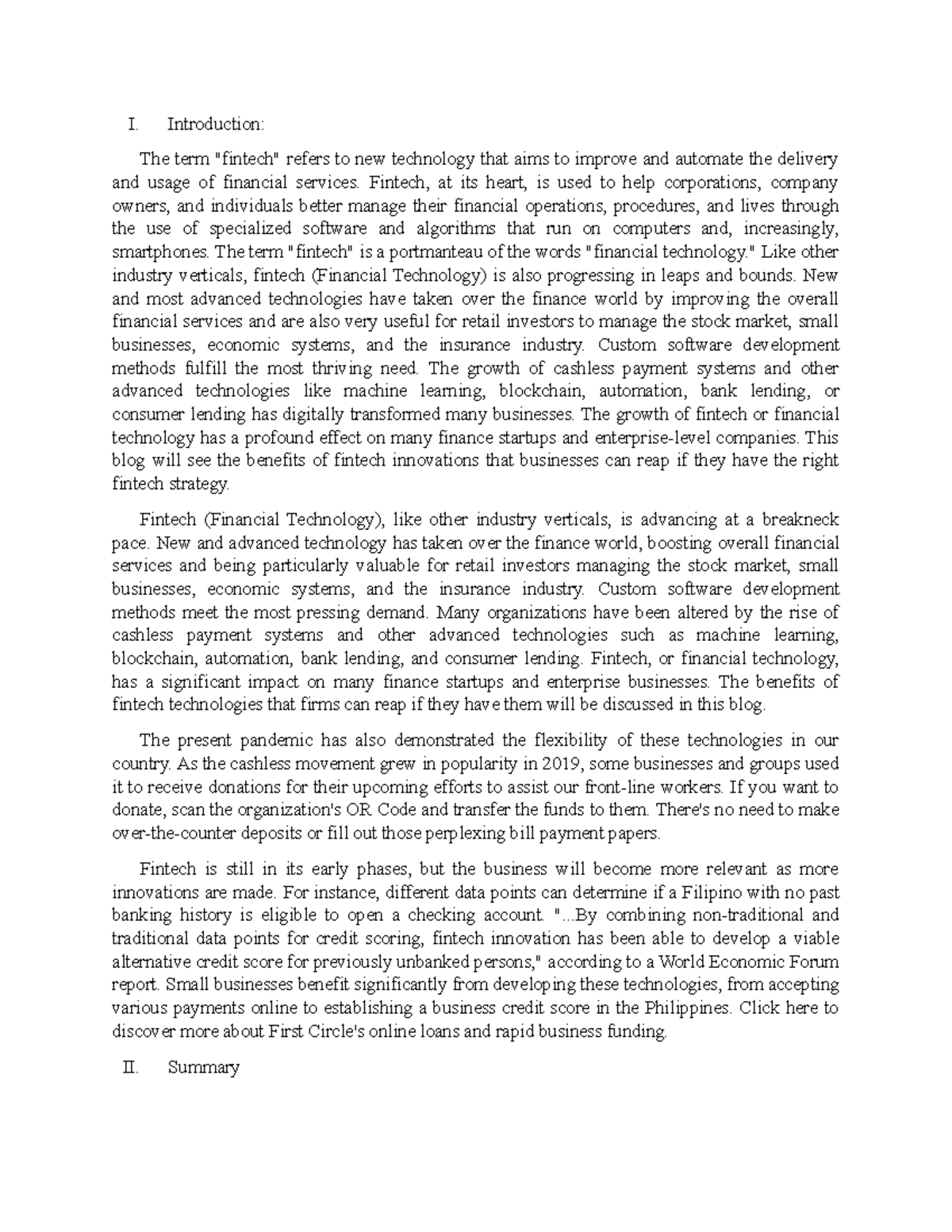 Fintech - I. Introduction: The term "fintech" refers to new technology ...