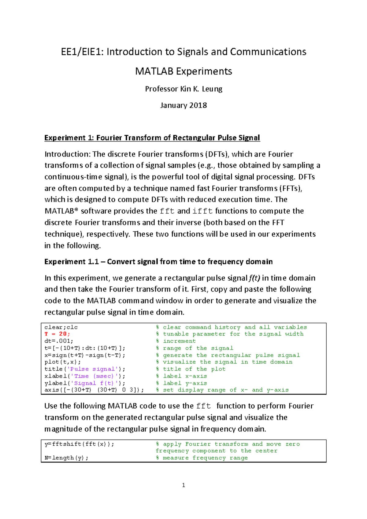 Matlab for students 2018 - EE1/EIE1: Introduction to Signals and ...