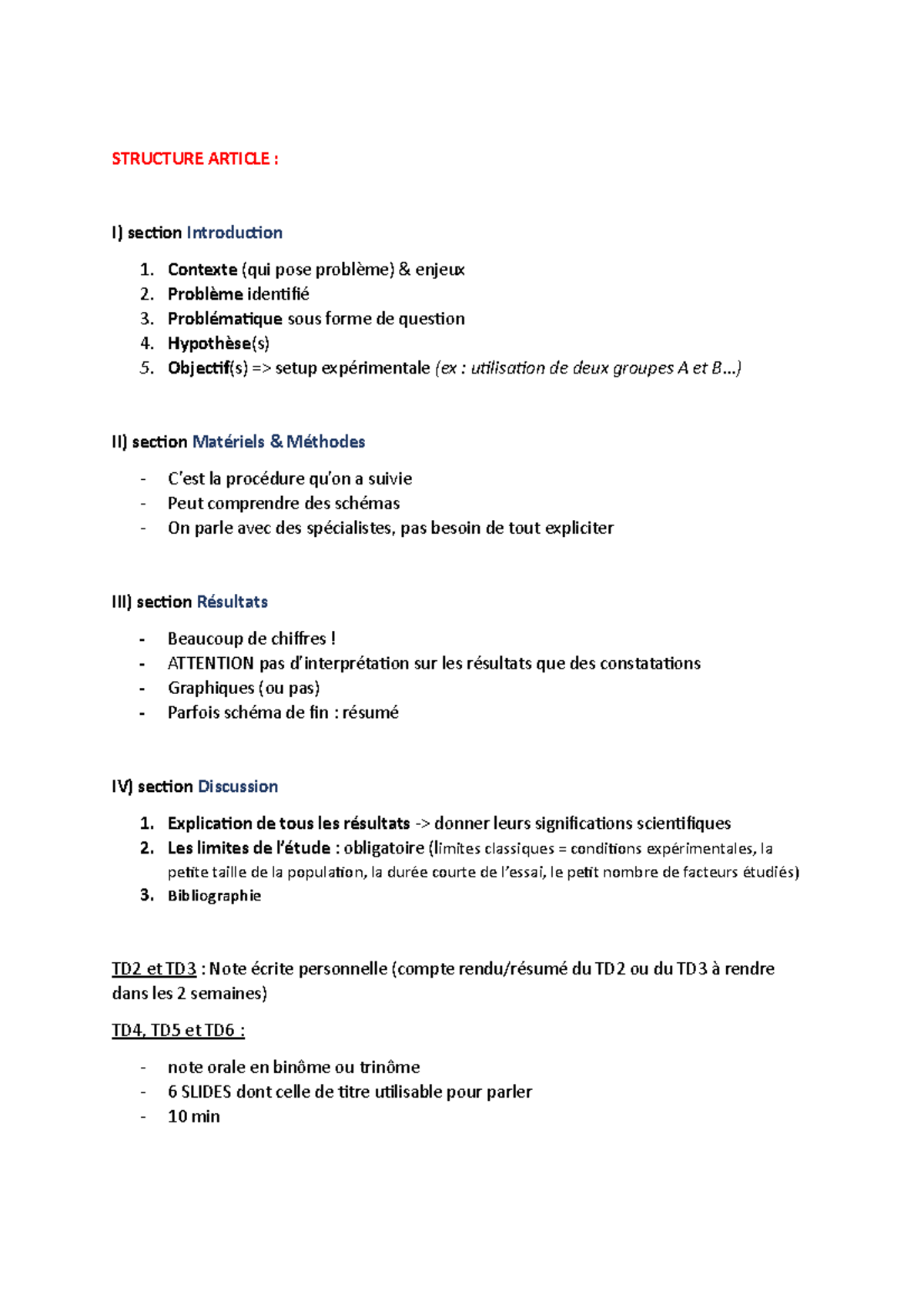 TD Structure d'un article - STRUCTURE ARTICLE : I) section Introduction ...