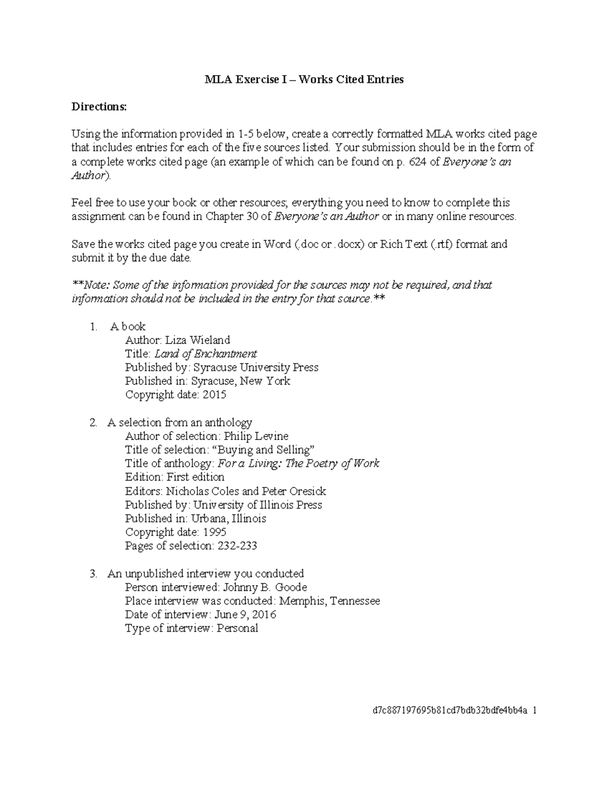 MLA Exercise I-Works Cited - MLA Exercise I – Works Cited Entries Directions: Using the ...