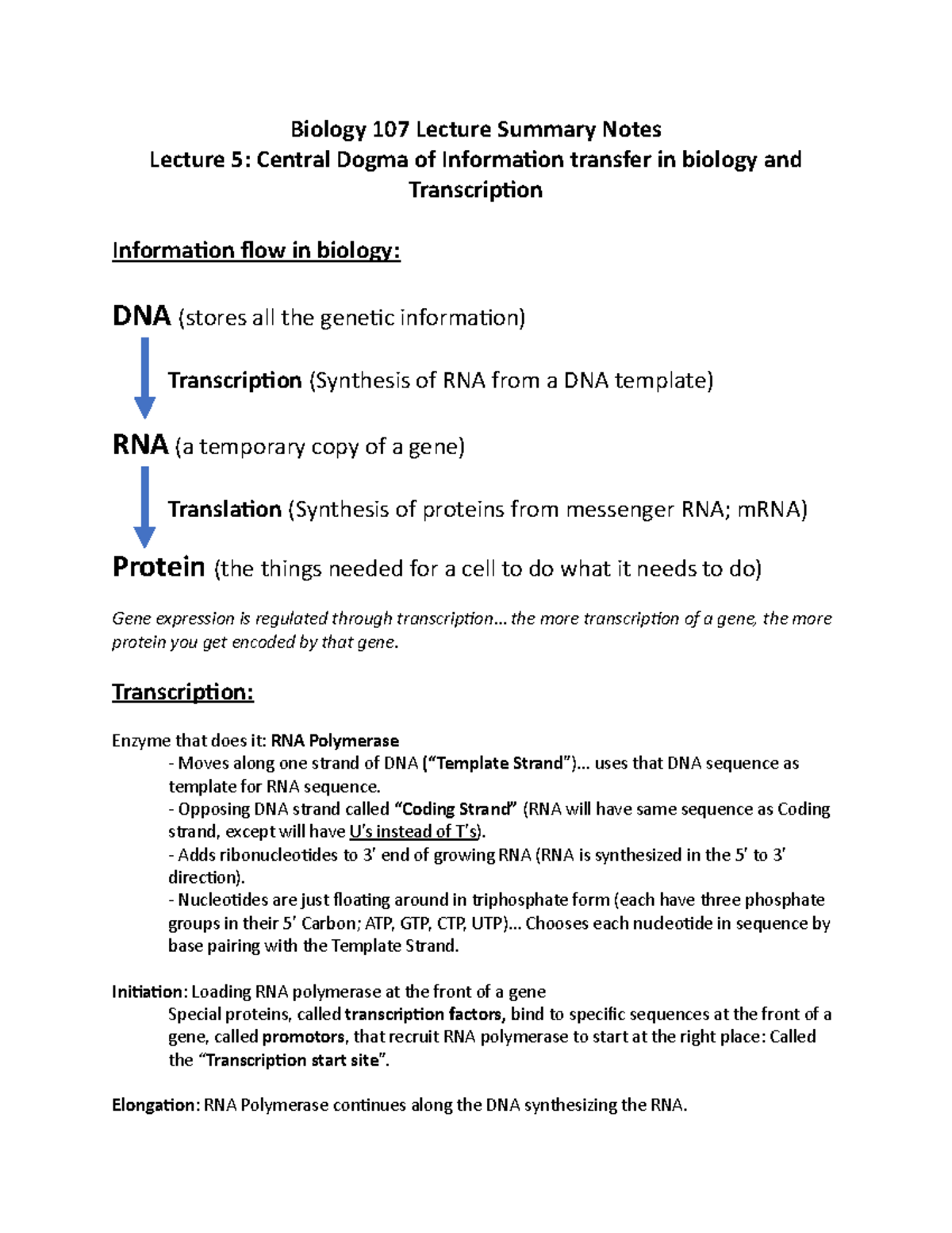 Lect 5 Summary Notes Sp 23 - Biology 107 Lecture Summary Notes Lecture ...