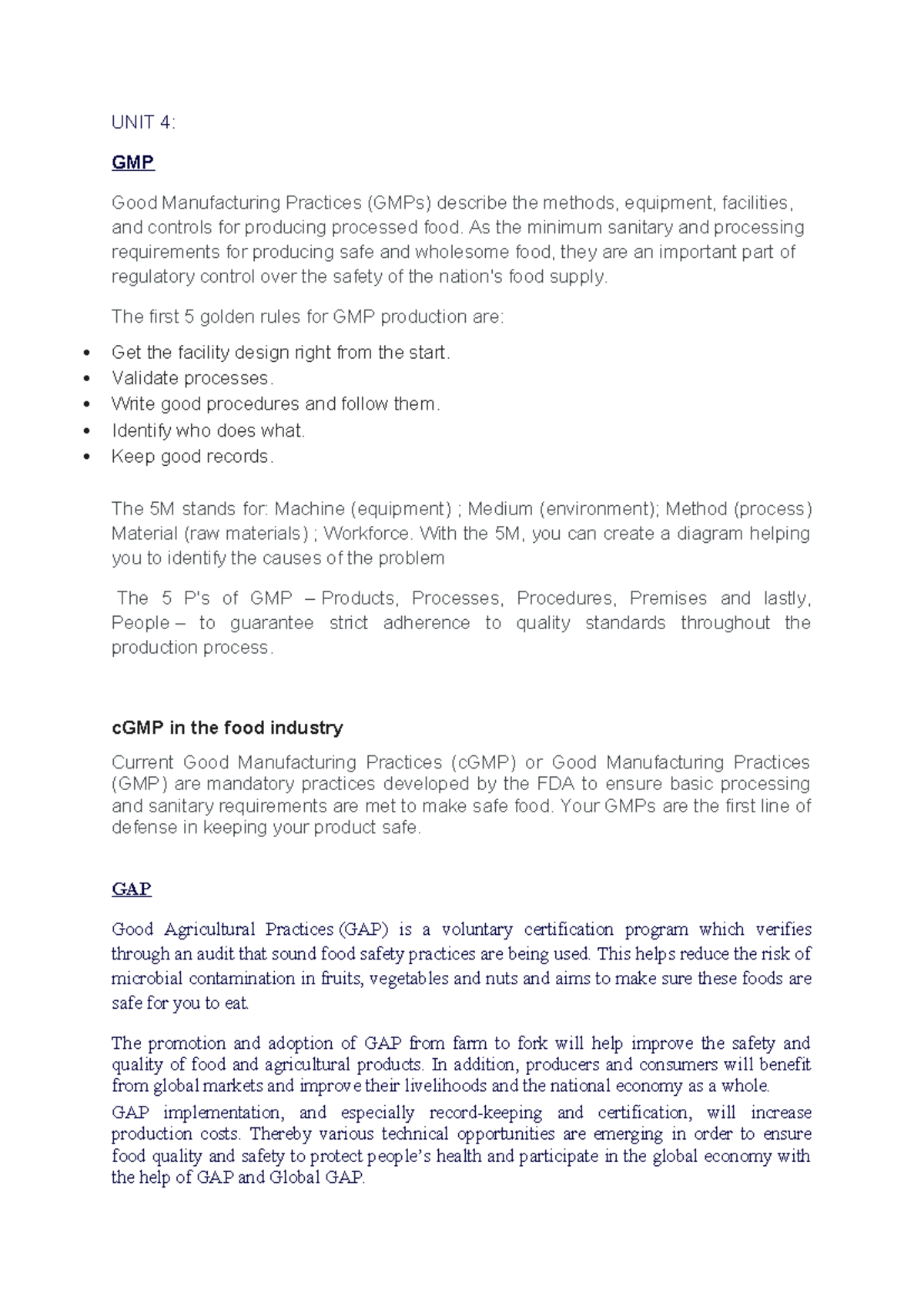 Biosafety additional notes - UNIT 4: GMP Good Manufacturing Practices ...