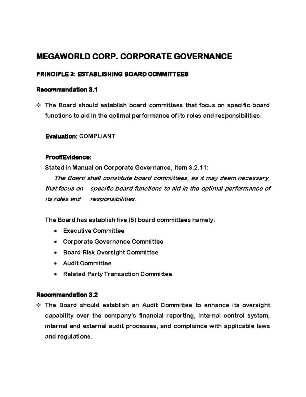Establishing Board Committees - MEGAWORLD CORP. CORPORATE GOVERNANCE ...