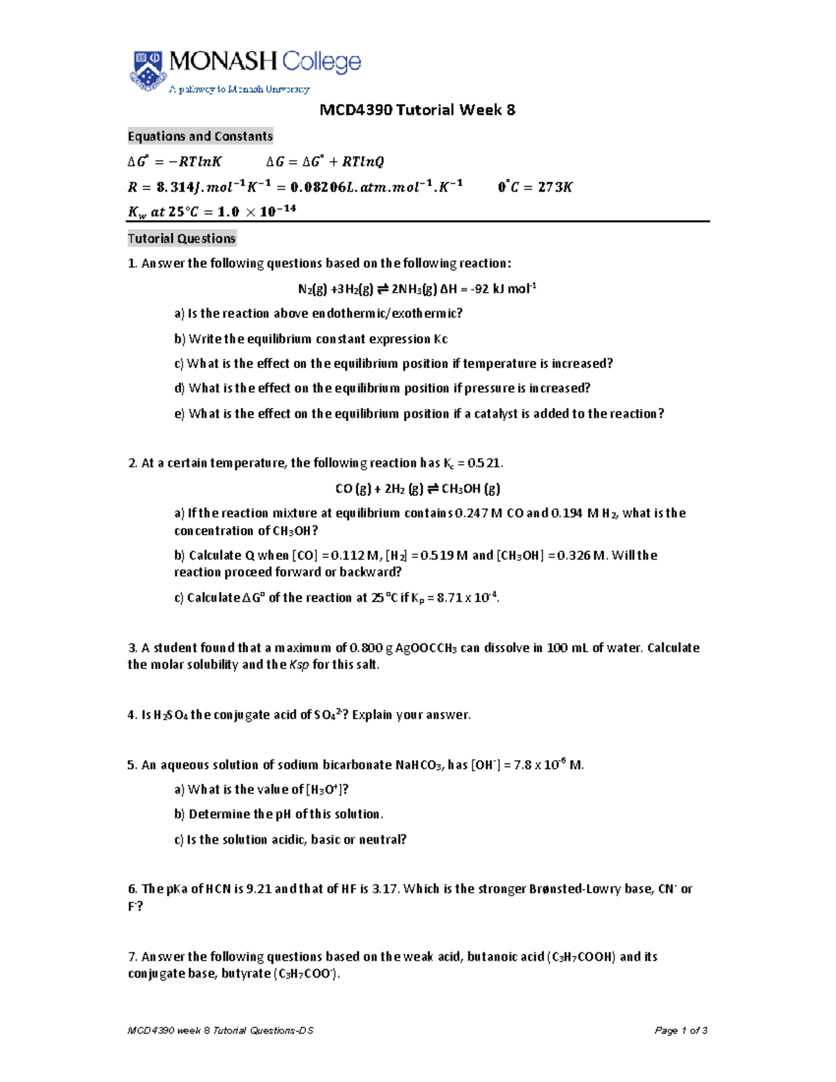 Week 8 Tutorial sheet- Equilibrium - MCD4390 week 8 Tutorial Questions-DS Page 1 of 3 MCD4390 ...
