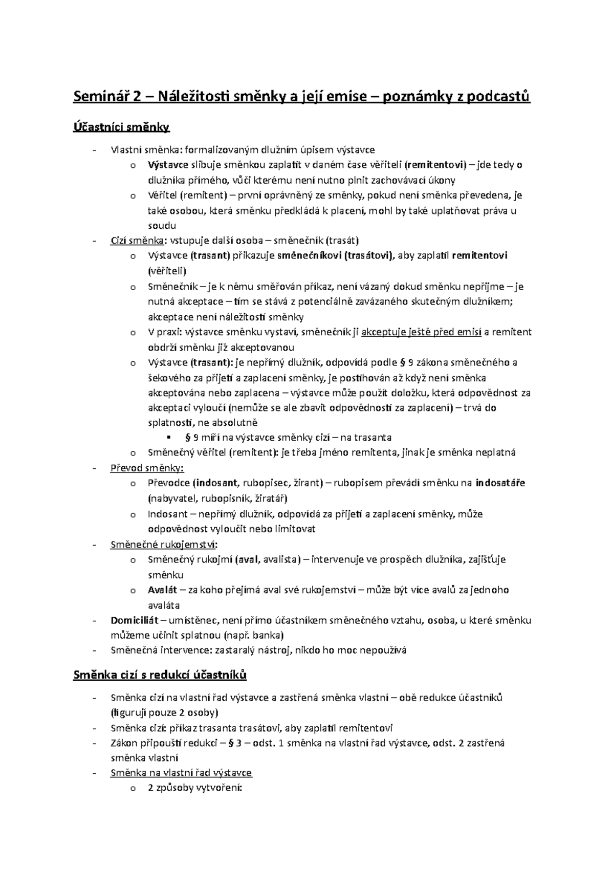 2. seminář - poznámky k podcastům náležitosti směnky a její emise ...