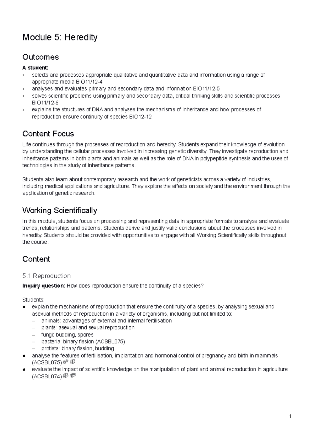 2018 HSC Biology Module 5 Syllabus - Module 5: Heredity Outcomes A ...