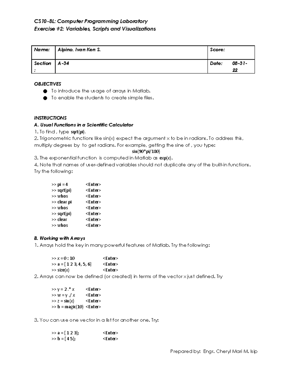 Alpino MP2 - Hdidj - Exercise #2: Variables, Scripts and Visualizations Name: Alpino, Ivan Ken S ...