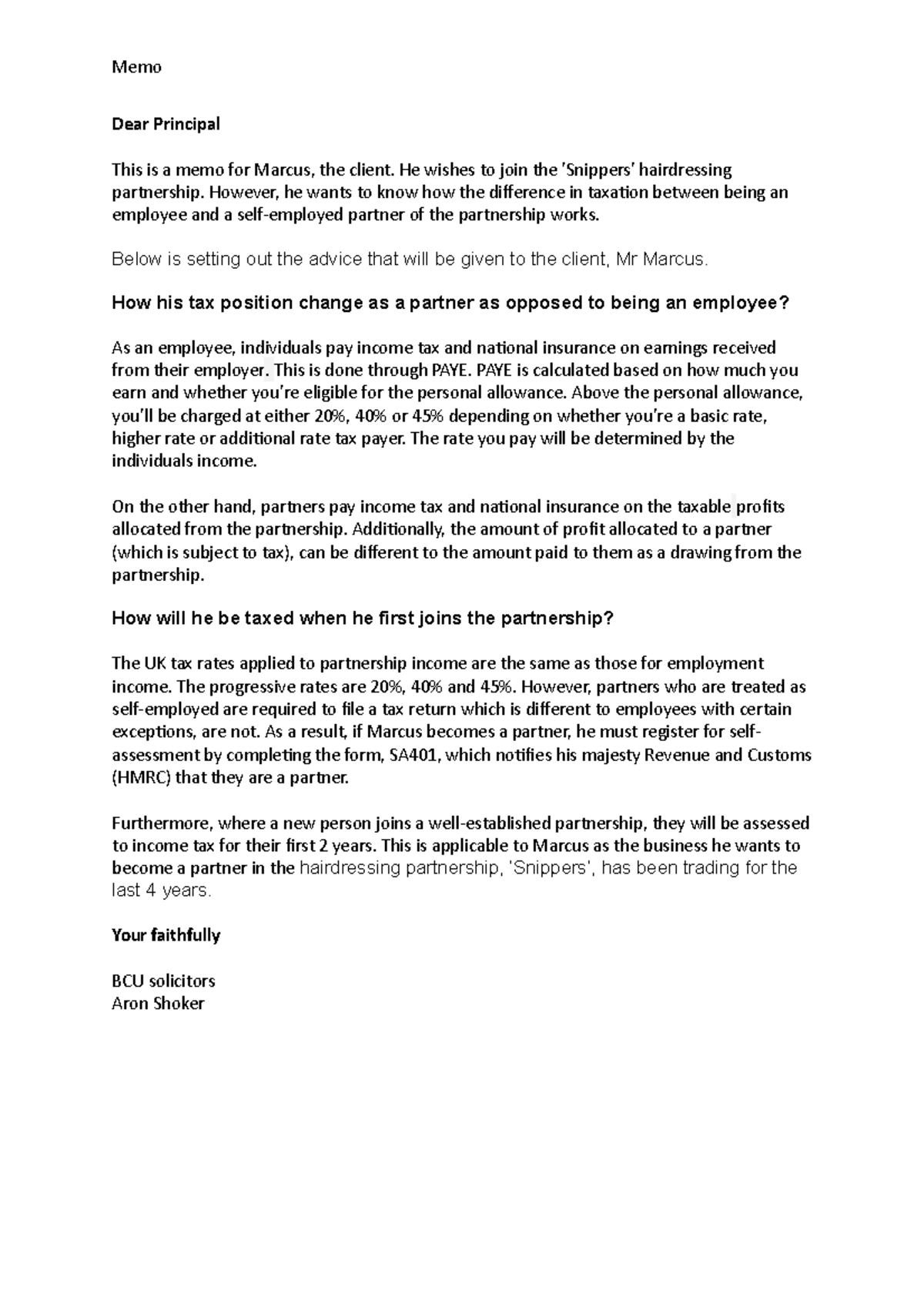 Memo Draft - Mine - Writing a memo to a client giving advise about the ...