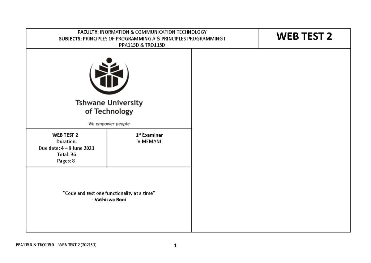 PPA115D TRO115D 2021S1 Webtest 2 - FACULTY: INORMATION & COMMUNICATION ...