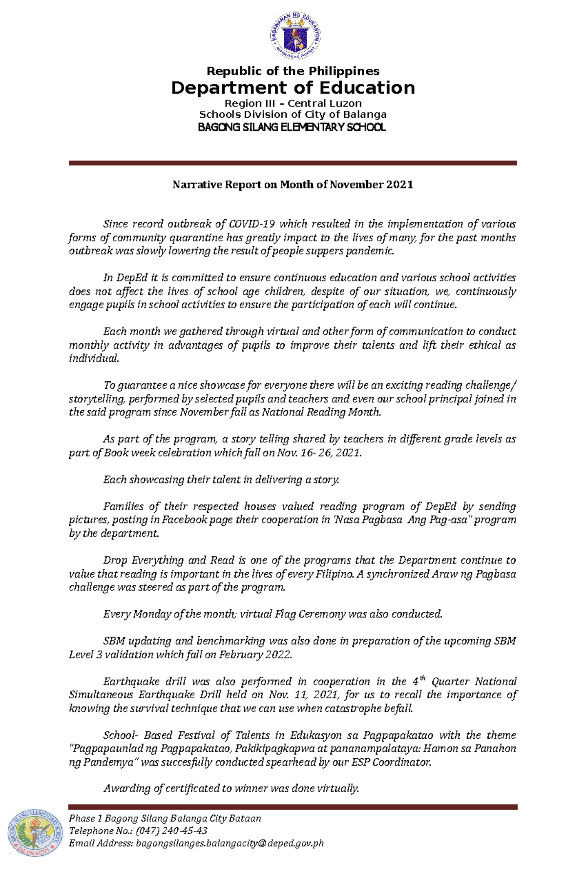 Narrative Report Month OF November 2021 - Republic of the Philippines ...