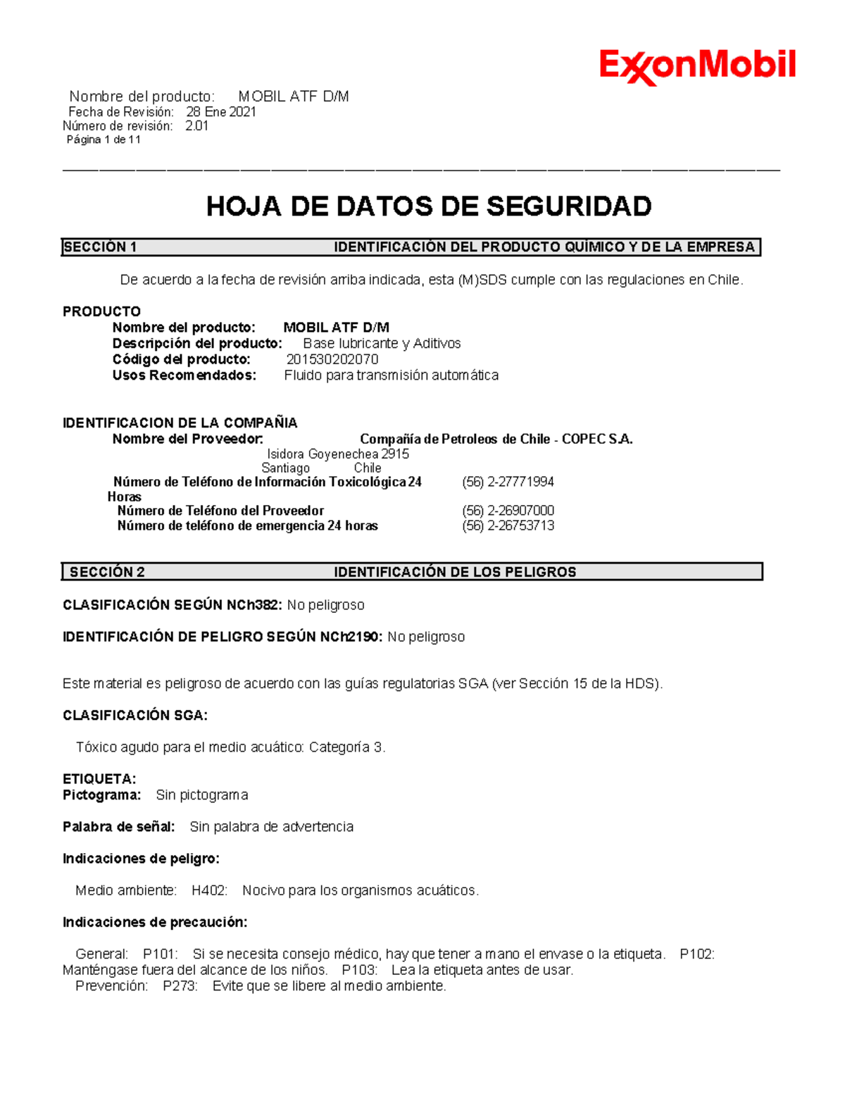 Mobil ATF DM - Hoja de Seguridad - Fecha de Revisión: 28 Ene 2021 ...